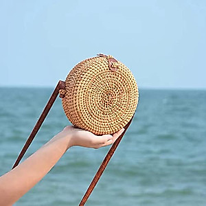 Daisy Lucky W Hand-woven round rattan bag PU leather shoulder strap Beach grass woven messenger women's bag Ladies Bohemian handbag Pure natural hand-made rattan woven wallet (Leather buckle)