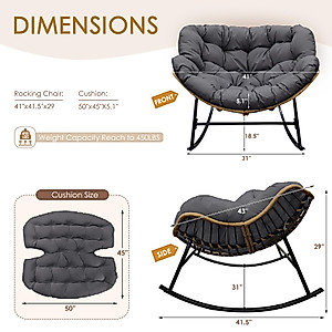 NICESOUL® Indoor Outdoor Rocking Chair with Cushion, Oversized Patio Papasan Rocking Chair, Water Resistant Egg Royal Rocking Chair Grey, 450Lbs Sturdy Comfy Recliner Large Lounging Chair