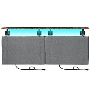 HOOBRO Queen Size Headboard, Wall Mount Hanging Headboard with 4 USB Ports and LED Light, PU Upholstery, Open Storage Shelf, for Bedroom, Bar, Dining or Entryway, Rustic Brown and Gray