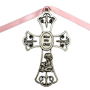 Silver Tone Bless This Child Guardian Angel Hanging Crib Medal, Cross with Pink Ribbon and Girl Kneeling to Pray, Mini Catholic Medals Baptism Gifts for Girls, 3.5 Inches