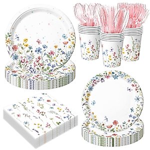 LINHAXM 168PCS Wildflower Party Decorations Spring Floral Baby Shower Birthday Decorations Include Plates, Cups, Napkins, Cutlery for Wildflower Baby Shower Tea Decorations, Serve 24