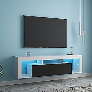 63 Inches Floating TV Stand Wall Mounted with Lights, Modern LED TV Stand Floating Entertainment Center with Storage for Bedroom Living Room,Floating Shelf for Under TV,White