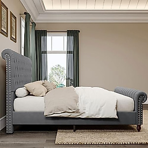 PaPaJet Bed Frame Queen Size with Headboard and Footboard, Velvet Upholstered Sleigh Bed, Deep Button Tufted, No Box Spring Needed, Grey
