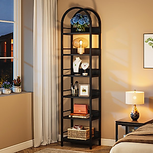 Tribesigns 6-Tier Open Bookshelf, 78.7" Tall Arched Bookcase Narrow Bookshelf with Metal Frame, Freestanding Corner Bookcase Display Shelves for Living Room, Home Office, Black