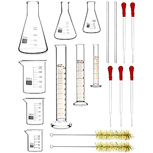 QWORK Lab Glassware Set, Quality Borosilicate Glass Beaker Flask Cylinder Set, Heat Resistant, Ideal for Laboratories and School Science Experiments