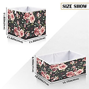 ALAZA Collapsible Storage Cubes Organizer,Rose Flowers Floral Black Storage Containers Closet Shelf Organizer with Handles for Home Office