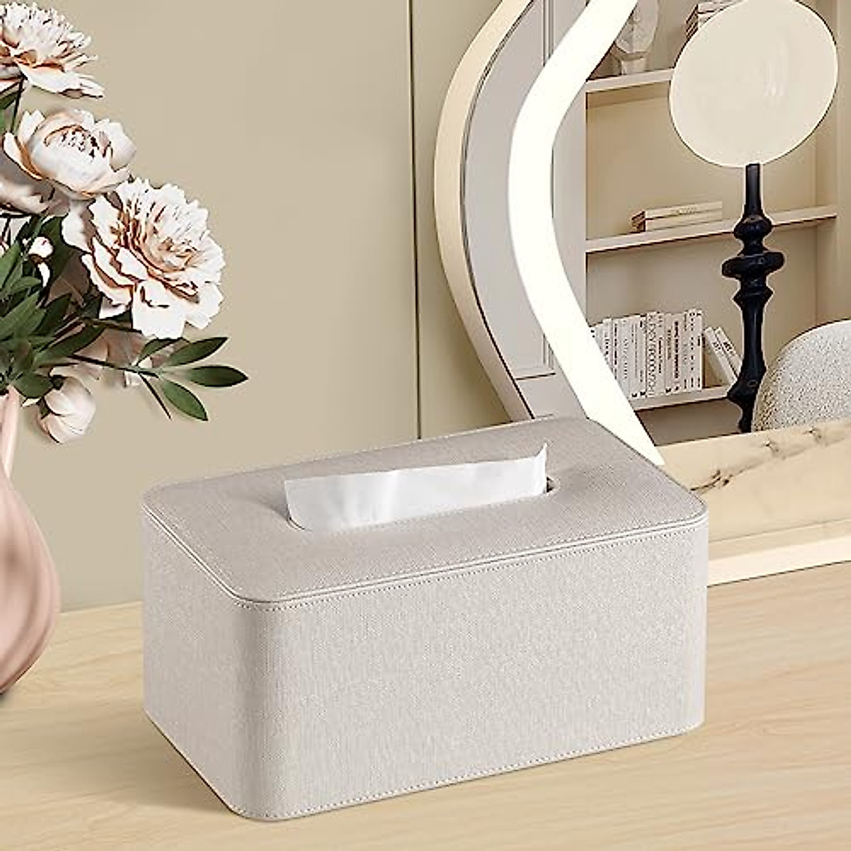 MEIBOOCH PU Leather Tissue Box Cover with Magnetic Closure, Square Tissue Box Holder with Rounded Edges Design (Beige, Rectangular)