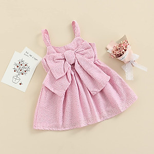 Toddler Baby Girls Sleeveless Dress Front Bowknot Stripe Sling Summer Jumpsuit Princess Casual Romper (Pink, 9-12 Months)