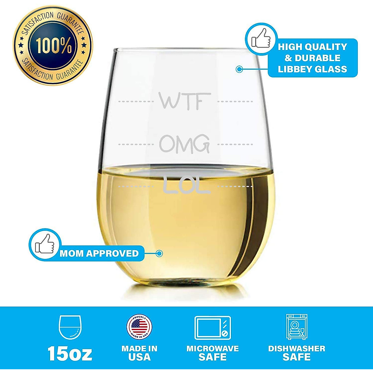 LOL-OMG-WTF Funny Wine Glass for Every Mood, Laugh Out Loud, Oh My God, What the F, Novelty Present 15oz