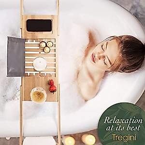 Premium Bath Caddy - Extendable Bamboo Wood Bathtub Tray with Adjustable Reading Rack for Book, iPad or Kindle - Tablet Slot or Cellphone - Wine Glass Holder