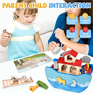 JUSTWOOD Wooden Noah's Ark Toy Animal Play Set, Bible Story Toys Baptism Gift for Boys and Girls, Baby Shape Sorter Toy, Comply with 2025 New ASTM F963-23