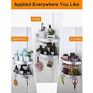 TRUSTLIFE Corner Shower Caddy 2-Pack - Adhesive Corner Shelf with Hooks for Inside Shower, No Drilling & Rustproof Shower Storage Rack for Bathroom, Wall Mount Bathtub Caddy Shelf Organizer - Silver