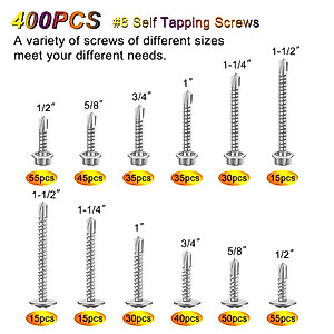 weideer 400pcs #8 Self Tapping Screws Sheet Metal Screws 410 Stainless Steel Truss Head Hex Washer Head Self Drilling Screws High-Strength Quick Tapping Screws (1/2"to1-1/2") K-056-400P