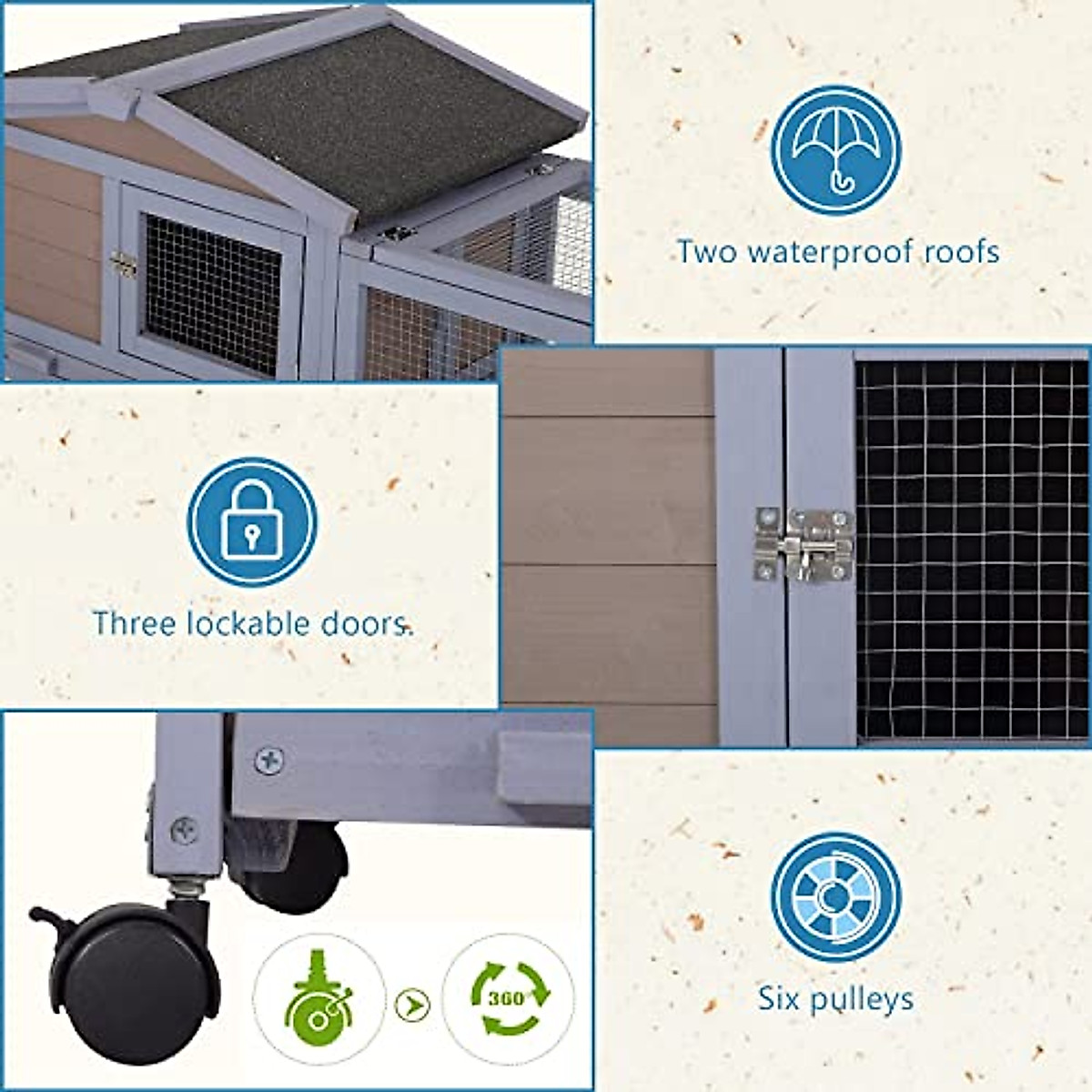 Wood Rabbit Hutch Rabbit Cage Bunny Hutch Rolling Large Bunny Cage Indoor Outdoor Two Story Guinea Pig Hutch Rabbit House with Wheels&Waterproof Roof,Grey