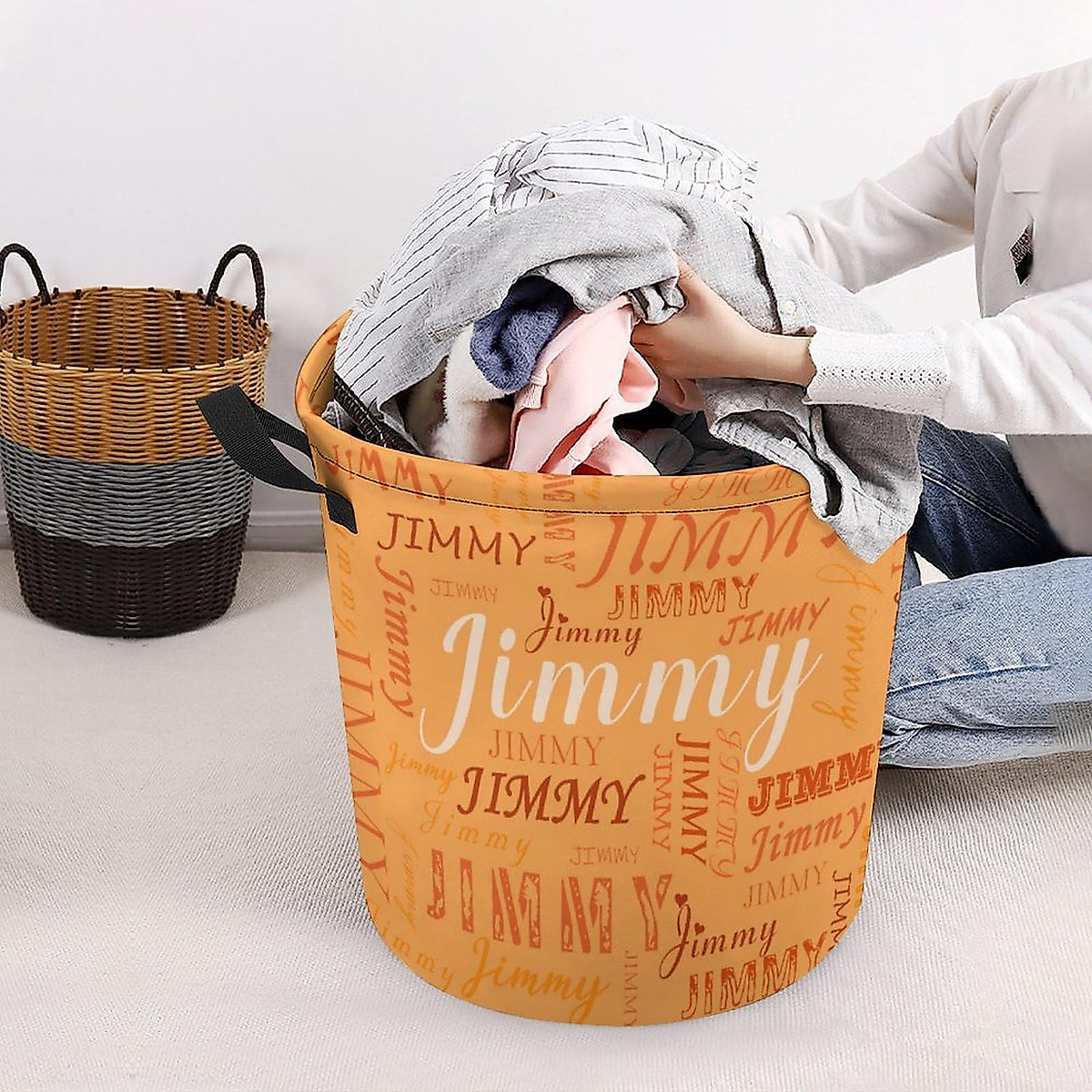 Custom Orange Laundry Basket with Name Personalized Orange Dirty Clothes Hamper Orange Storage Basket Custom Orange Laundry Hamper with Handles in Bedroom Bathroom Livingroom Organizer Toy Basket