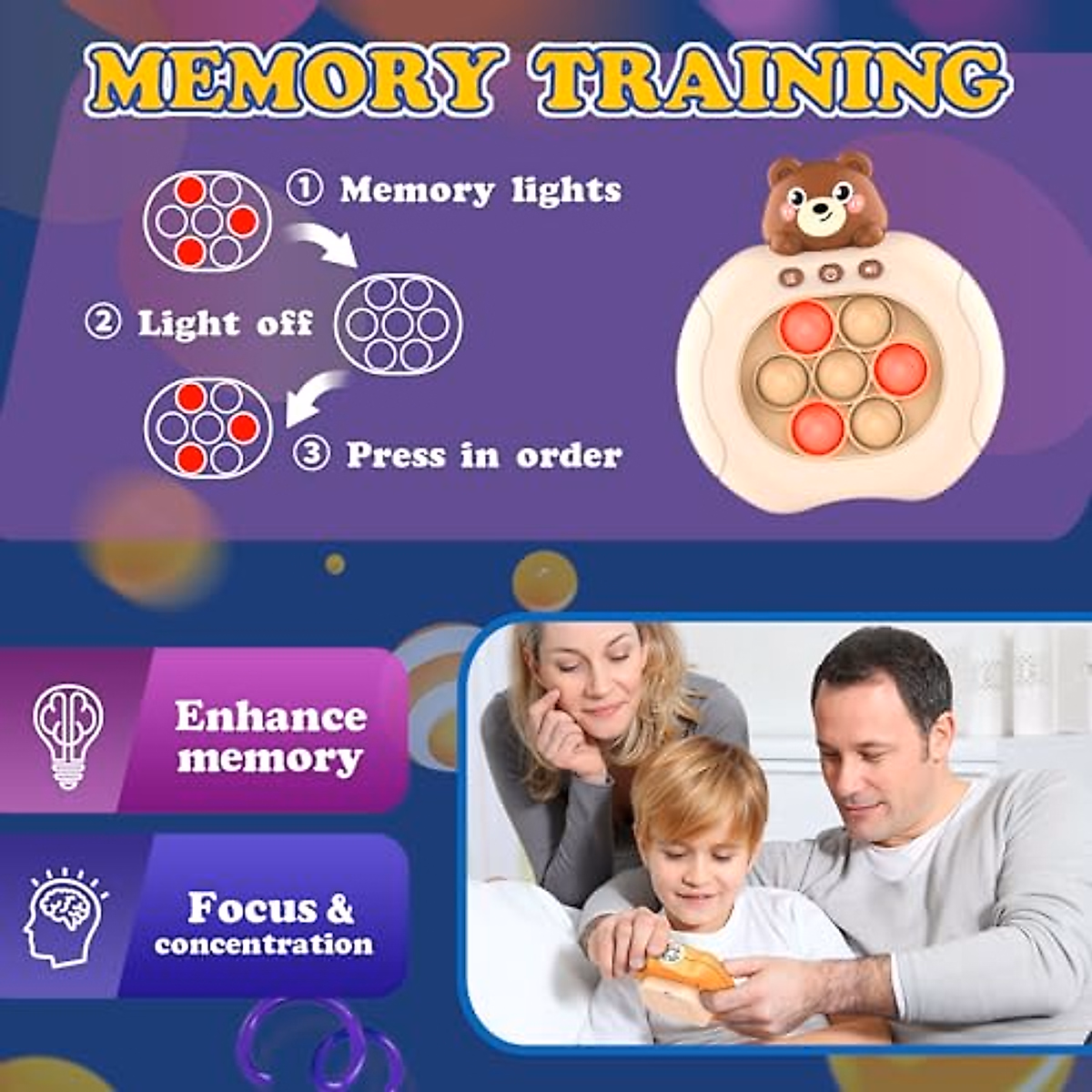 Fast Push Pop Pro Light Up Fidget Bubble Game Controller, Puzzle Pop Pro Game Fidget Toys Adults Handheld Bubble Pop Fidget Game Console Anti-Anxiety Autism Decompression Electronic Travel Game Toy