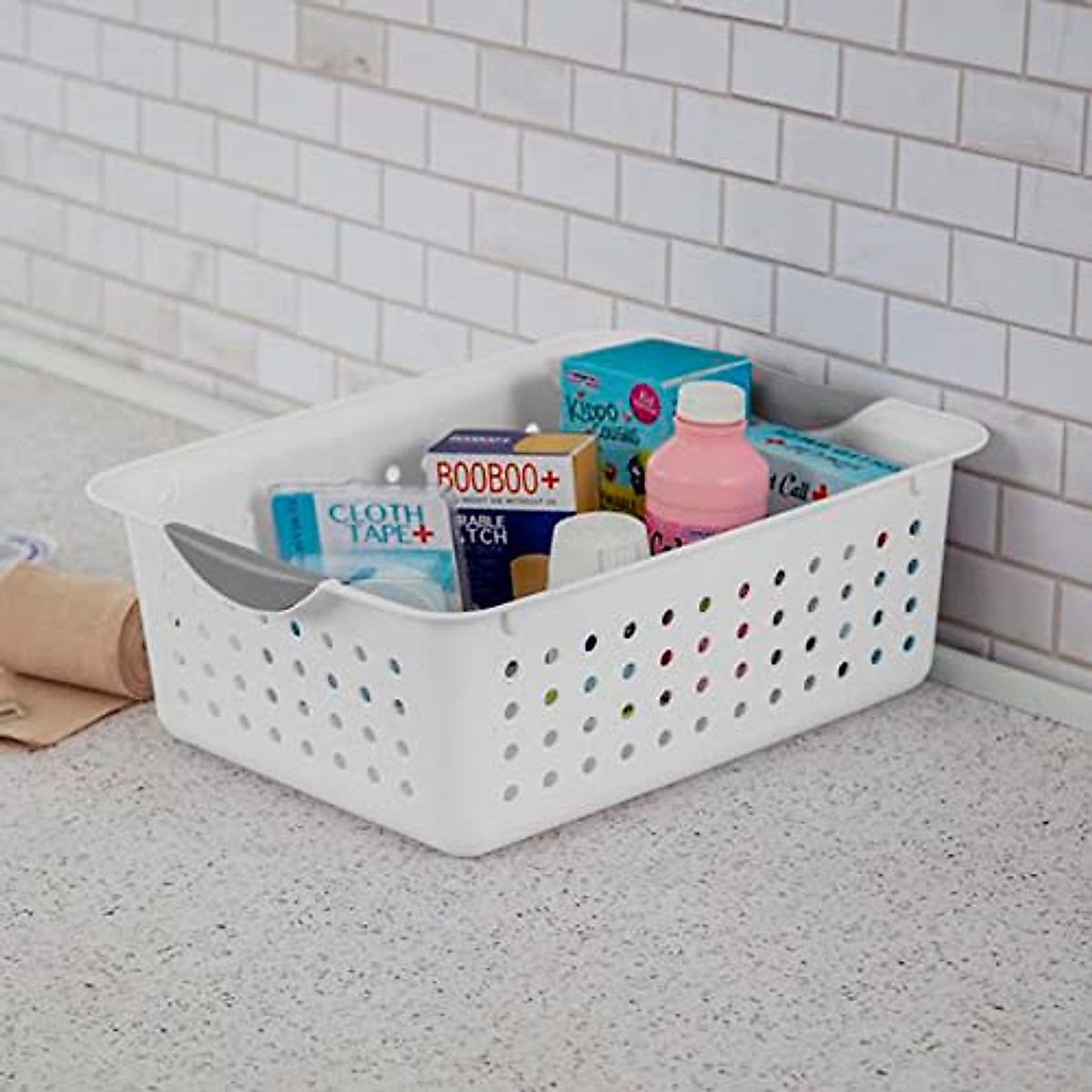 Sterilite Medium Ultra Ventilated Open Top Plastic Storage Organizer Basket with Gray Contoured Carrying Handles, White (24 Pack)