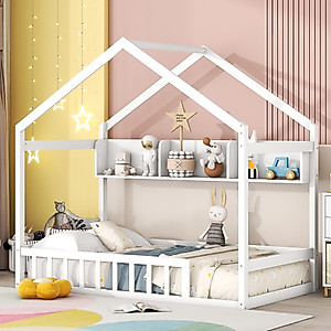 House Bed Twin Size Floor Bed with Fence Railings, Montessori Bed Frame with Storage Shelves, Wood Playhouse Beds for Kids Girls Boys, White
