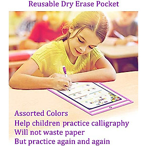 MerceHygea Heavy Duty Dry Erase Ticket Holder Pockets Reusable Paper Sleeves Sheet Protectors for Classroom Home Office,3 Dry Erase Markers Included,10x13 Inch,Pack of 5