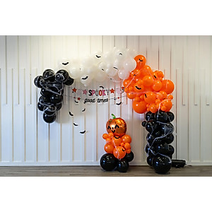 HOUSE OF PARTY Halloween Balloon Garland Kit 80 Pcs - 5/10/12/18 Inch Orange and Black White Balloon Arch with 1 Pumpkin Foil Balloon, PVC Bats & Spider Web For Halloween Party Decorations