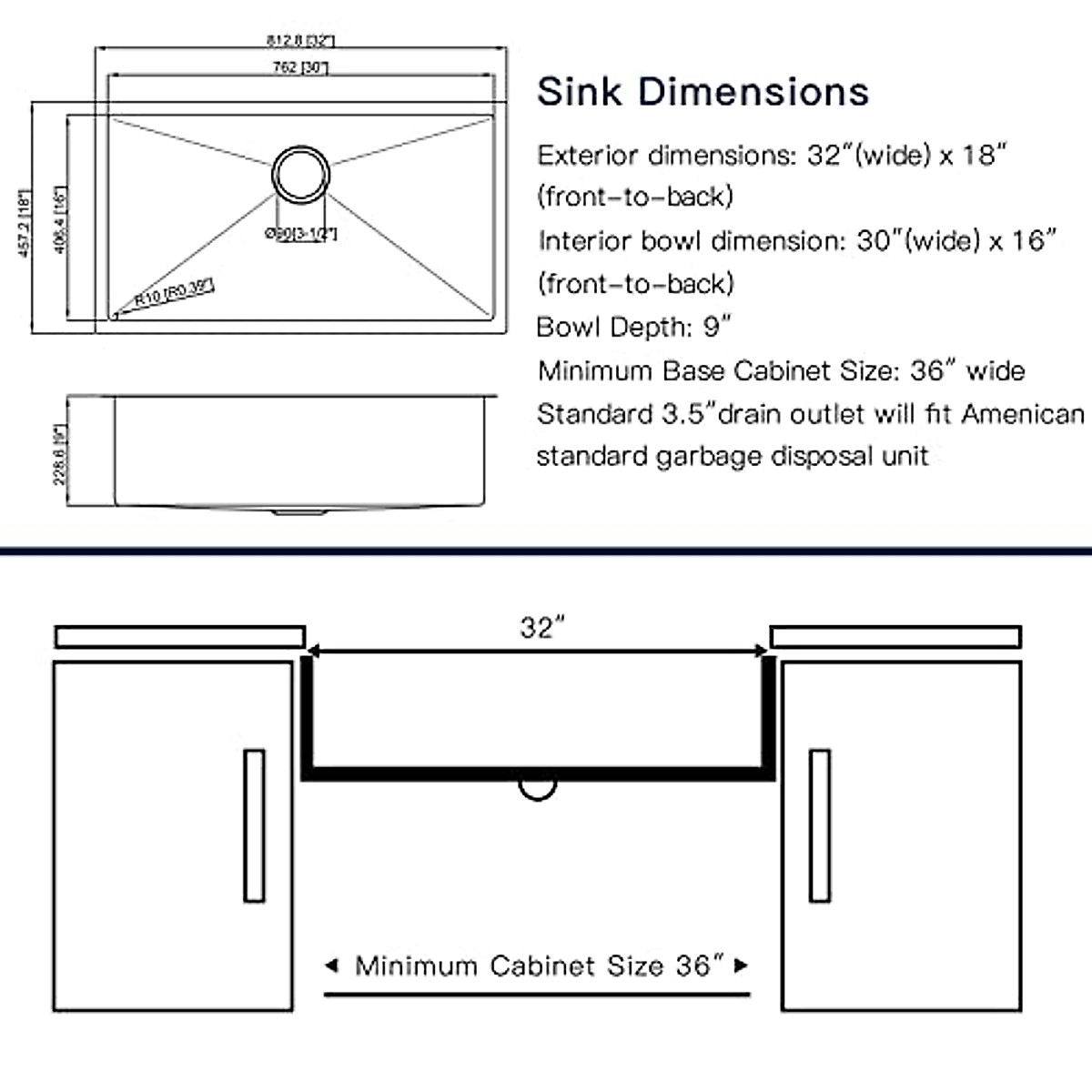 kitchen Sinks 32x18 inch Undermount kitchen sink stainless steel sink 16 Gauge Single Bowl kitchen sinks Set (5 Item Bundle: Sink, Bottom Grid, Drain Assembly, Drain Cap, Kitchen Towel)