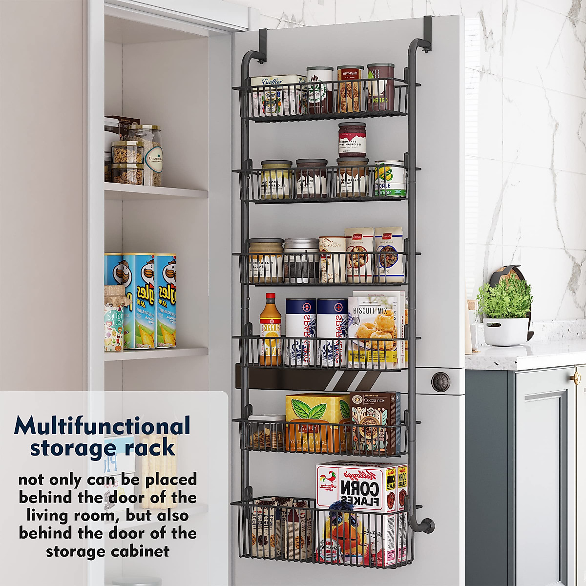 COVAODQ 6-Tier Pantry Door Organization and Storage Over the Door Pantry Organizer Metal Hanging Kitchen Spice Rack Can Organizer