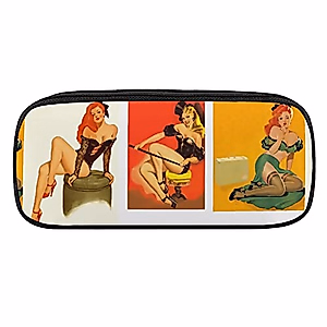 Pinup Girls Pencil Case PU Leather Pencil Pen Bag Large Capacity Pen Box Pencil Pouch Makeup Bag with Zip