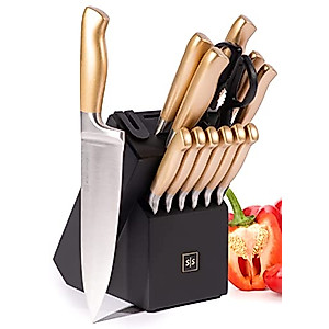 Black and Gold Knife Set With Block - Gold Handle Knife Set with Self Sharpening Kitchen Knife Holder - Black and Gold Kitchen Accessories