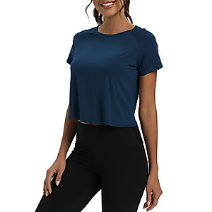 Mippo Short Sleeve Workout Tops Athletic Shirts Gym Clothes Exercise Tees Sports Running Active Wear Cute Work Out Crop Top TShirts for Women Loose Fit Navy Blue L