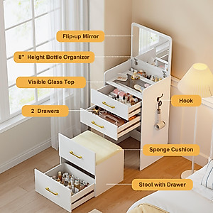JDPAG 3-in-1 Vanity Desk with Flip Top Mirror, Makeup Vanity Table with Cushioned Stool for Small Space, Compact Dressing Table, Vanity Set for Bedroom