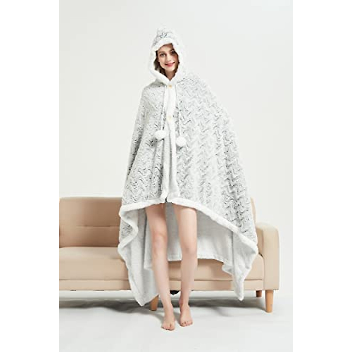 Chic Home Auburn Snuggle Hoodie Wavy Animal Pattern Robe Cozy Super Soft Ultra Plush Coral Fleece Sherpa Lined Wearable Blanket with 2 Pockets Hood Drawstring Button Closure, Silver-White, 51” x 71”