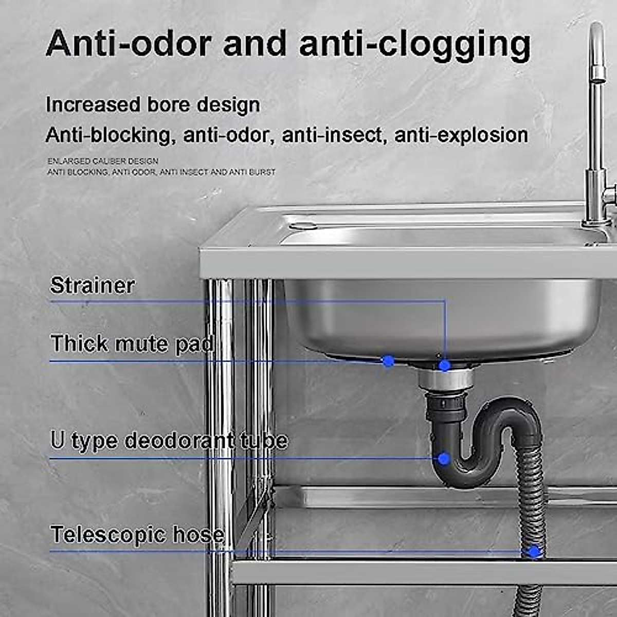 Commercial Restaurant Sink Stainless Steel Utility Sink Single Bowl Set Single Bowl w/Faucet & Drainboard Outdoor Garden Sink for Kitchen Laundry Room Garage