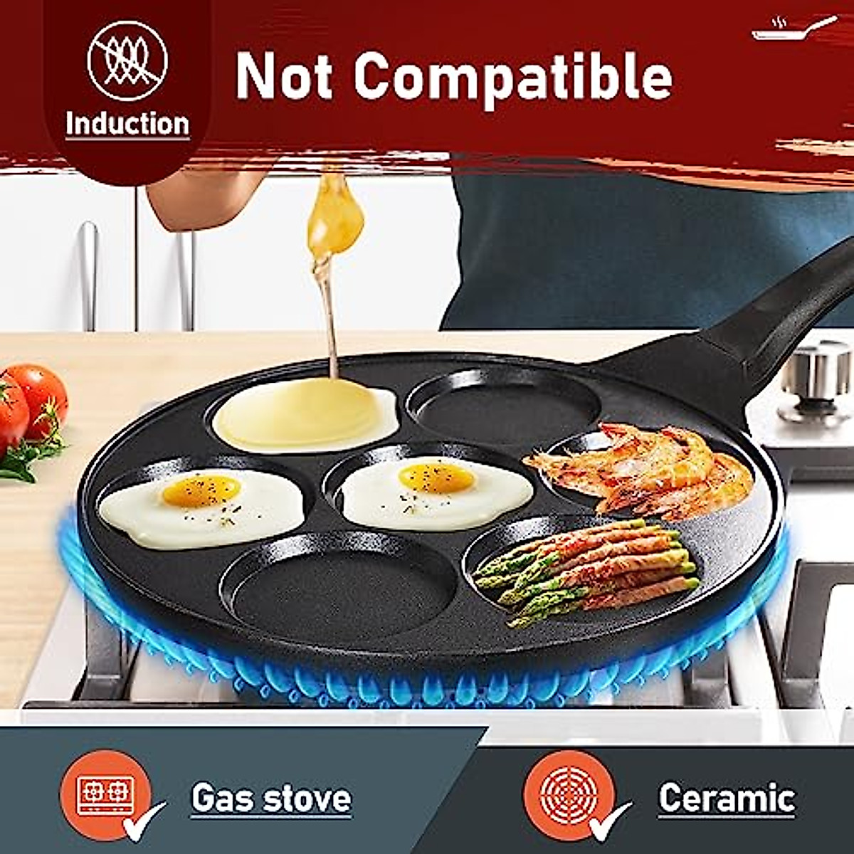 7-Mold Pancake Pan Nonstick Breakfast Griddle, Gas Compatible,9.7 inch Black