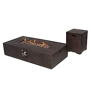 COSIEST 2-Piece Outdoor Propane Fire Table Set, Rectangle Concrete 56-inch x 28-inch Bronze Fire Pit (50,000 BTU) w 20lb Tank Table,Waterproof Cover for Garden, Porch, Backyard