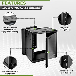 NavePoint 12U Server Cabinet with Hinged Back - 17.7” Deep, 12U Server Rack Enclosure with Locking Glass Door, Wall Mount Rack with Removable Side Panels, 12U Network Cabinet with 2 Fans, Assembled