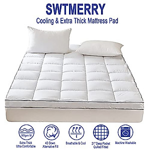 SWTMERRY King Size Mattress Pad Topper - Extra Thick Quilted Fitted Mattress Protector Pillow Cotton Top with 21" Deep Pocket for 8-24 inches Mattress,Soft and Breathable Bed Topper Cover