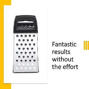 Stainless Steel Box Grater (9 x 4 x 3 inches), 4 Sided Hand Shaver, Grater and Slicer, Great for Parmesan Cheese, Vegetables, Ginger, XL Size, Black handle