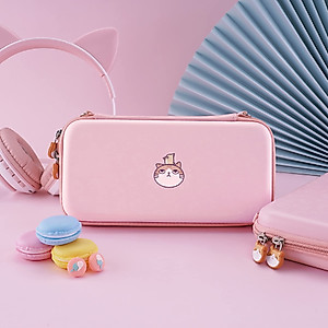 eXtremeRate PlayVital Pink Cute Carrying Case for Nintendo Switch Lite, Thumb Grip Caps + Kitten & Chicken Slim Travel Case for Switch Lite, Portable Hardshell Girl Storage Bag Game Accessories