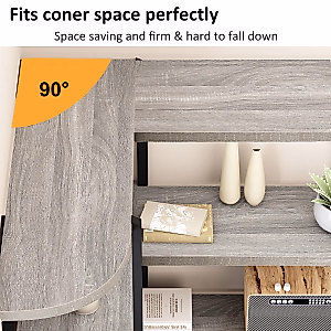 Launica 5 Tier Corner Bookshelf, Tall Grey L Shaped Book Shelf with Storage, Large Industrial Wood Metal Open Bookcase. Farmhouse Standing Bookshelves for Bedroom, Living Room, Kitchen, Gray