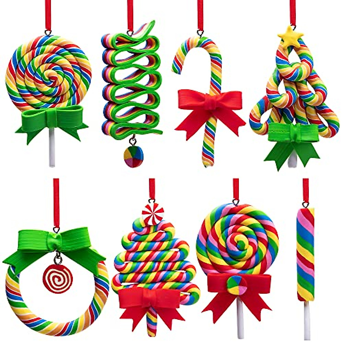 codree 8 PCS Christmas Lollipop Ornaments-Rainbow Lollipop Hanging Ornaments-Christmas Candies Polymer Clay Ornament for Xmas Tree Party Decoration