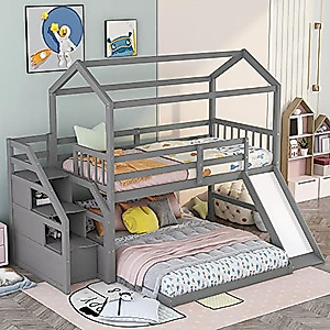 POCIYIHOME Twin Over Full House Bunk Bed with Convertible Slide & Storage Staircase, Wood Bed Frame with Slat Support & Full Length Guardrail for Kids,Teens Bedroom, No Box Spring Needed, Gray