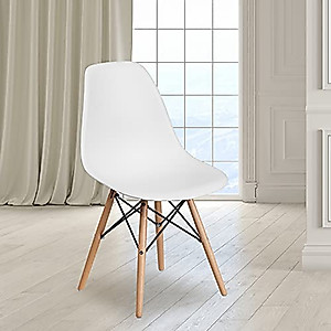 Flash Furniture Elon Series Plastic Modern Dining Chairs with Wooden Legs, Mid-Century Side Chairs for Dining Rooms and Offices, Set of 2, White