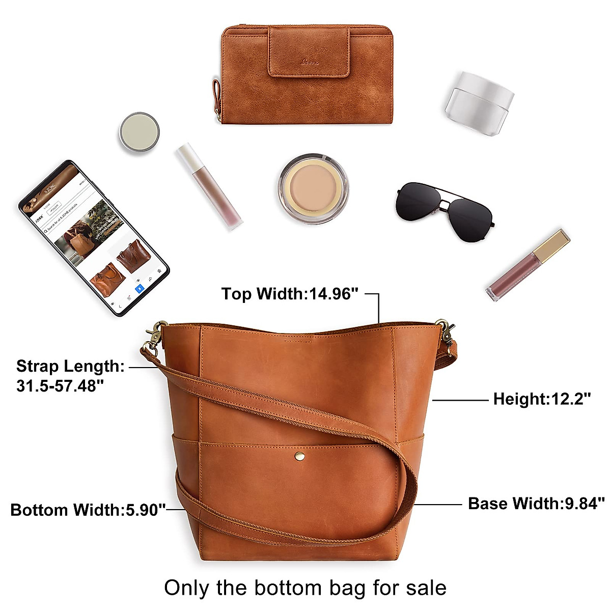 S-ZONE Women Genuine Leather Tote Bag Shoulder Handbag Bundle with Crossbody Bucket Purse