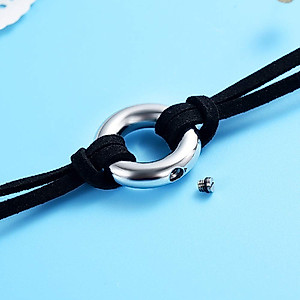 Circle Of Life Cremation Jewelry Black Genuine Leather Memorial Urn Bracelet For Ashes Of Loved One Keepsake Holder For Women Men (Silver Tone)