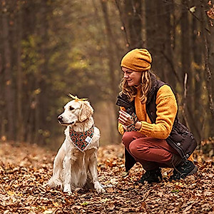 E-Clover Fall Dog Bandana & Matching Scrunchie Set Floral Dog Scarf Bibs with Bow Hair Tie for Small Dogs Puppy Owner Orange Green Gift