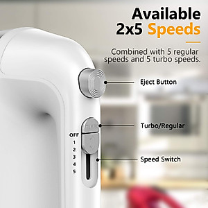 Hand Mixer Electric, 450W Kitchen Mixers with Scale Cup Storage Case , Turbo Boost / Self-Control Speed + 5 Speed + Eject Button + 5 Stainless Steel Accessories , For Easy Whipping Dough ,Cream ,Cake