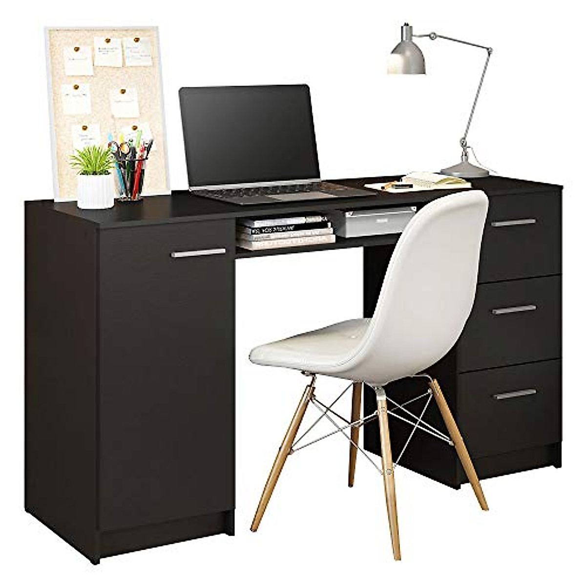 Madesa Home Office Computer Writing Desk with 3 Drawers, 1 Door and 1 Storage Shelf, Plenty of Space, Wood, 30” H x 18” D x 53” W - Black