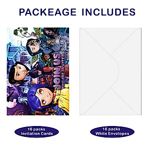 humicide 16 Pack Coraline Birthday Invitation Cards with Envelopes, Coraline Birthday Party Supplies for Kids Party Decorations