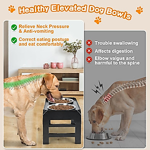 Elevated Dog Bowls, 4 Height Adjustable Raised Dog Bowl Stand with 2 Thick 50oz Stainless Steel Dog Food Bowls Non-Slip Dog Feeder for Large Medium Dogs Adjusts to 3.7", 9.2", 10.75", 12.36" Black