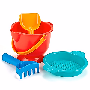 Hape Beach Basics Sand Toy Set Including Bucket Sifter, Rake, and Shovel Toys| Sand Toy Playset for Toddlers 18M+